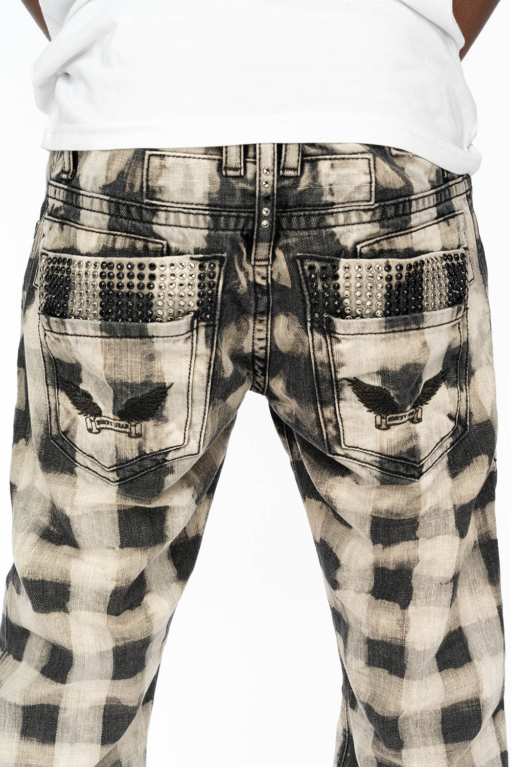 MENS DOUBLE BACK POCKET JEANS WITH CRYSTALS IN CHESS PATTERN CHARLOT W ...