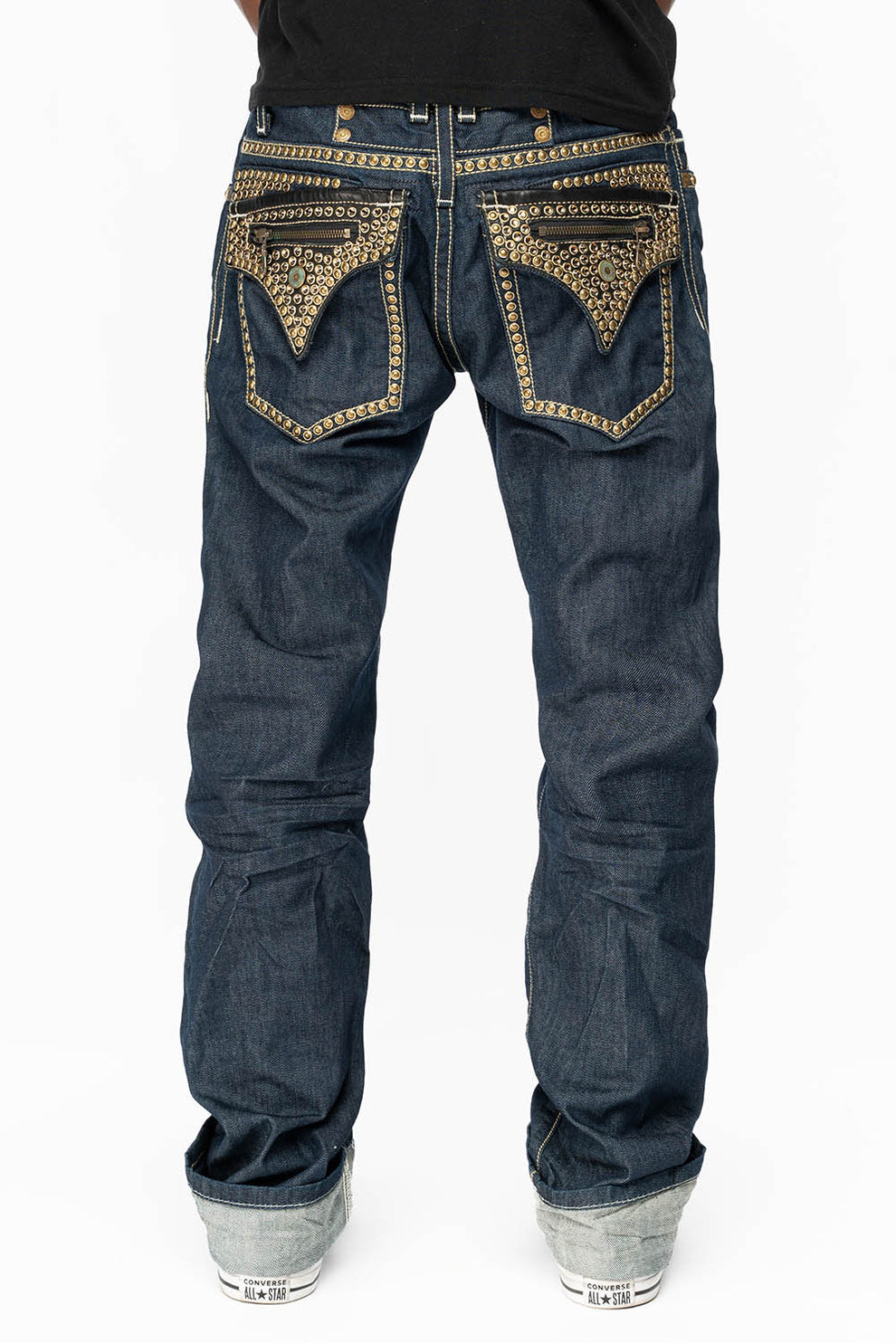 CLINT W/BLACK LEATHER ZIPPER FLAPS EMBELLISHED WITH CRYSTALS AND NAILH ...