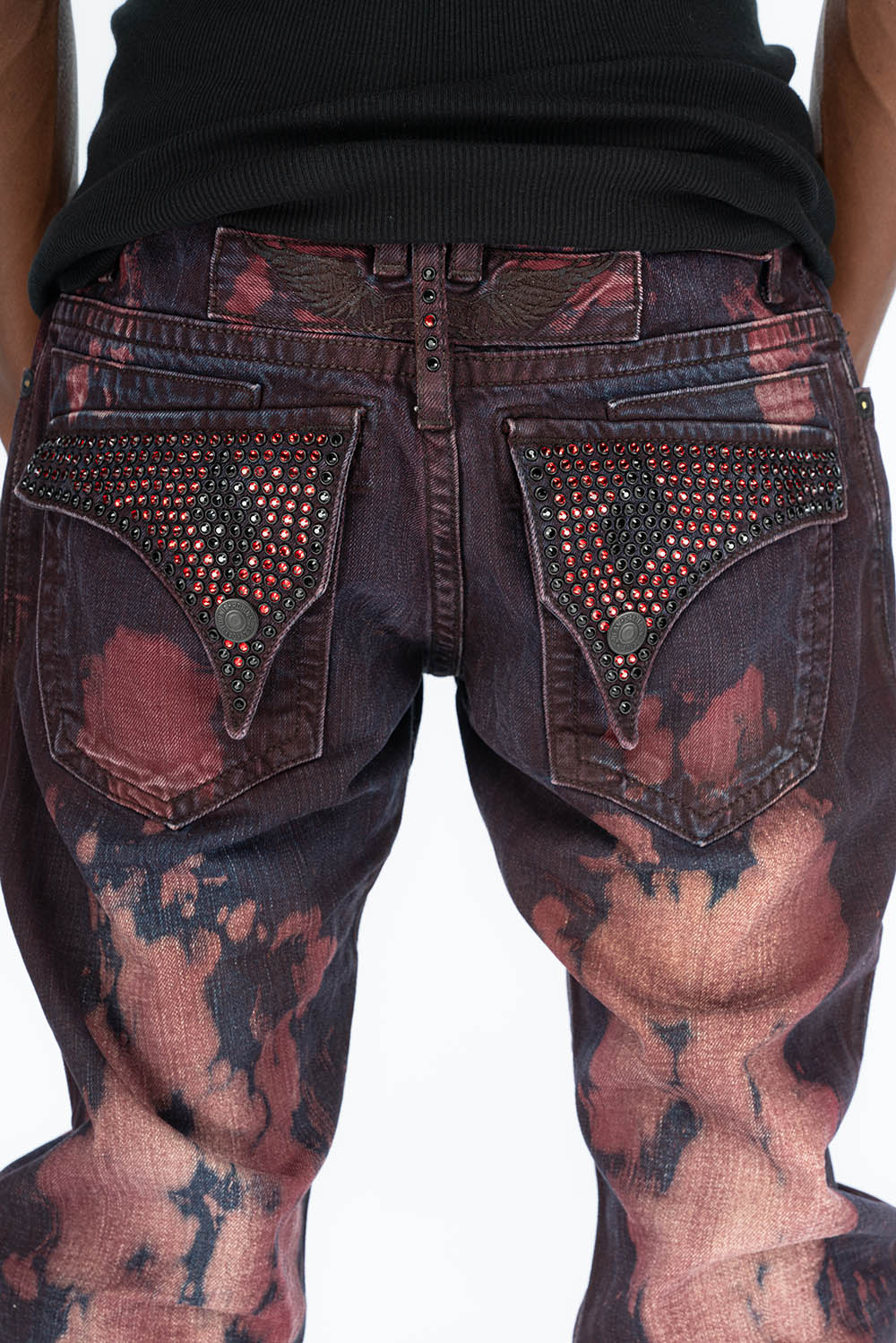 MENS LONG FLAP STRAIGHT CUT JEANS WITH CRYSTALS IN TIPPY RED WASH ...