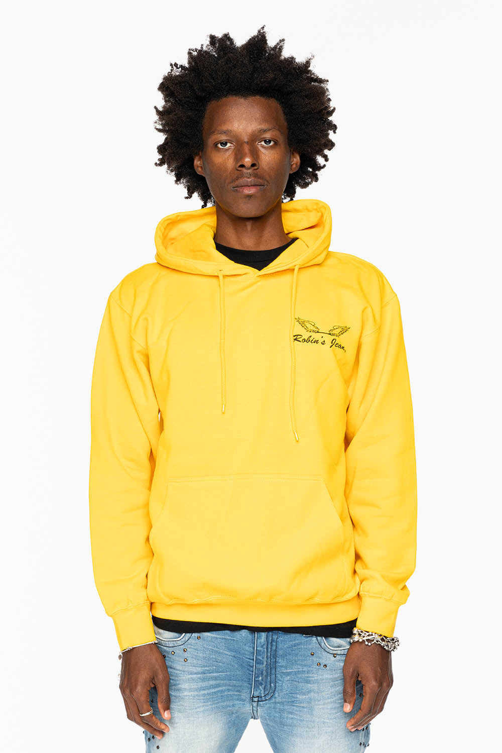 ROBIN’S JEAN PULLOVER HOODIE IN YELLOW WITH BLACK WING PRINT – Robin's Jean