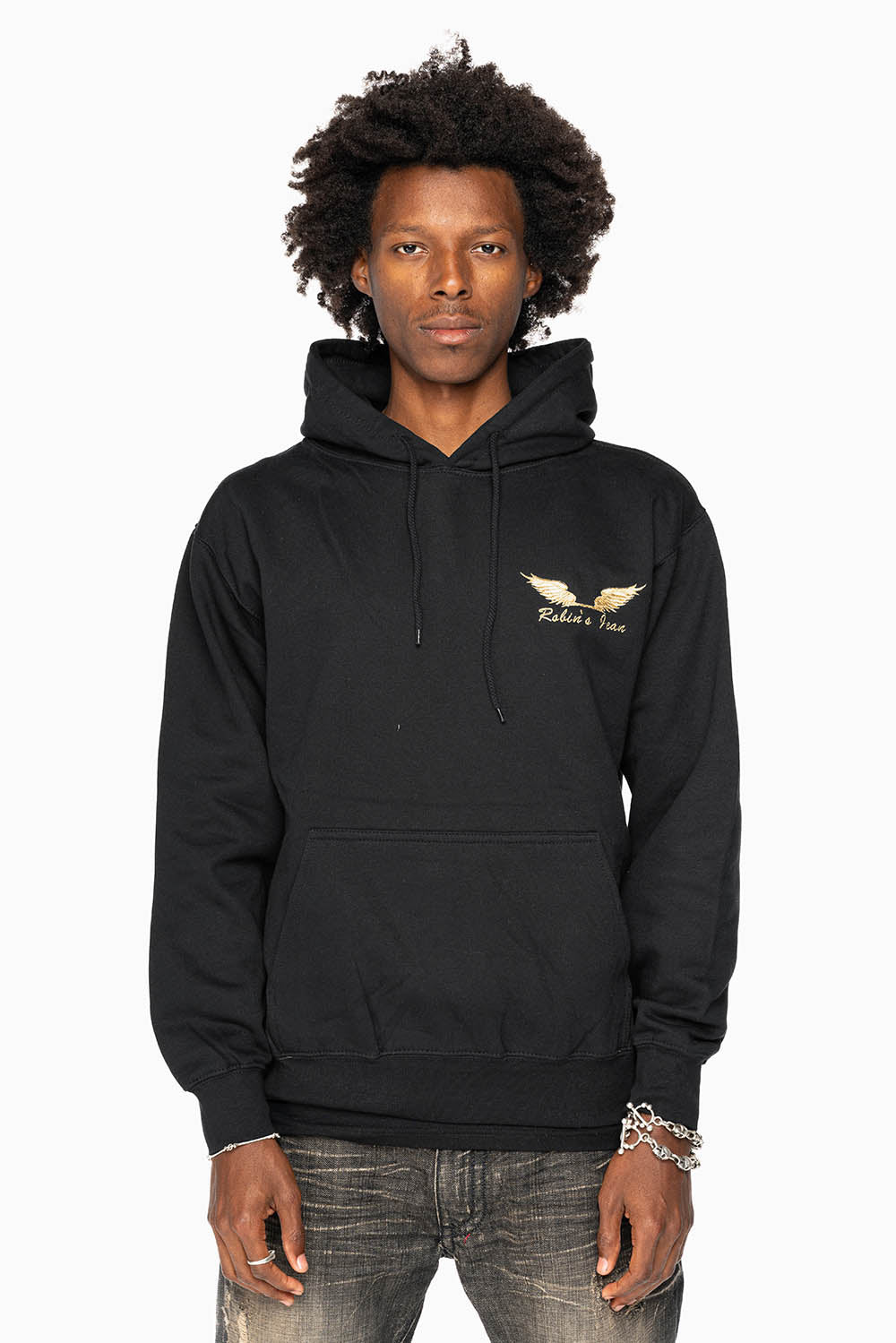 ROBIN’S JEAN PULLOVER HOODIE IN BLACK WITH GOLD WINGS EMBROIDERY ...