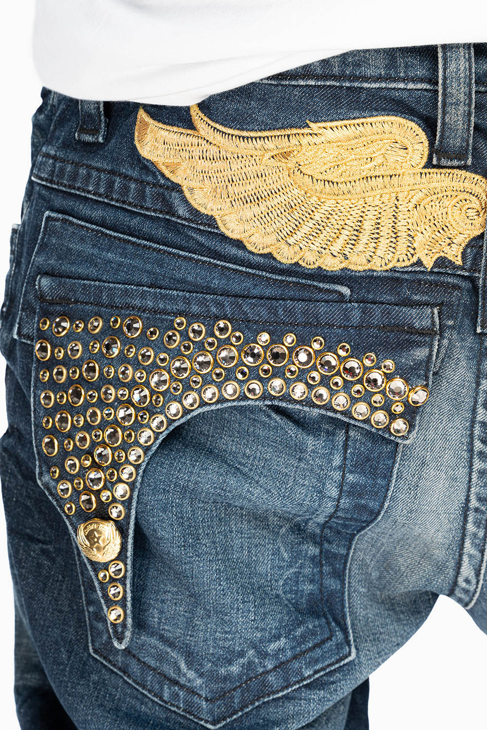 KILLER FLAP MENS SKINNY JEANS IN DARK BLUE WITH GOLD WINGS AND FULL CR ...